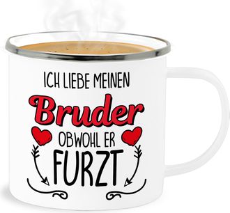 Shirtracer Emaille Becher Blechbecher - Tassen - Ich liebe meinen Bruder obwohl er furzt - 300 ml - Weiß Silber - brüder furz tasse geschwister geschenke furzen 