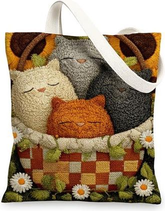 Generic Sacs fourre-tout en toile motif chat mignon, adorable motif félin, sacs dépicerie réutilisables, confortables, rustiques, légers et lavables avec band
