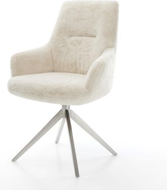 DELIFE Drehstuhl Zelia-Flex mit Armlehnen Pl&uuml;sch Creme-Wei&szlig; Kreuzgestell breit Edelstahl 360&deg; drehbar Wippfunktion Taschenfederkern, Esszimmerst&uuml;hle