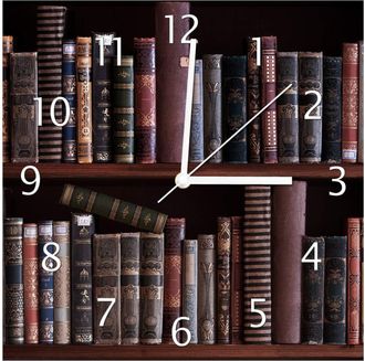 Wallario Design-Wanduhr B&uuml;cherregal mit Alten B&uuml;chern aus Glas, Motiv-Uhr Gr&ouml;&szlig;e 30 x 30 cm, wei&szlig;e Zeiger