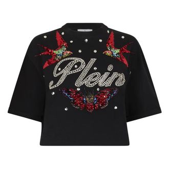 Philipp Plein Femme, Tops, Noir, Taille: 38 FR Cropped T-Shirt Tattoo Strass