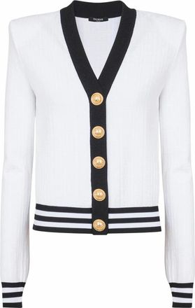 Balmain Zweifarbiger Strickcardigan mit Monogramm - - Knitwear - Damen - Wei&szlig; - M