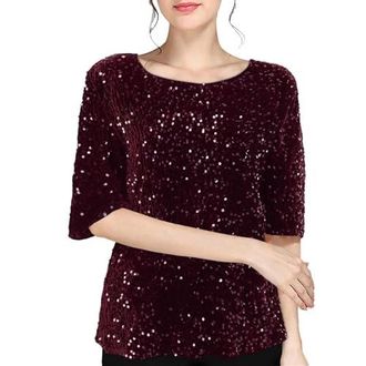 Generic Hauts scintillants pour femme - Chemises &agrave; manches courtes d&eacute;contract&eacute;es et tendance - Col rond - Haut &agrave; paillettes - Haut &agrave; paillettes - Grande taill