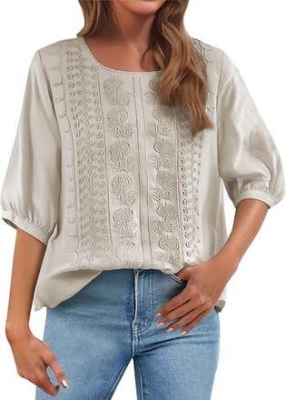 Generic Chemisier en lin pour femme - Manches 3/4 - Chemisier folklorique - Col rond - Avec boutonni&egrave;re - &Eacute;l&eacute;gant et ample - Broderie - Motif floral - Couleur