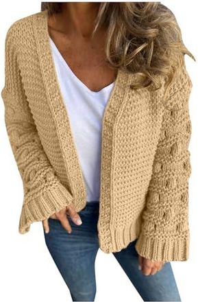 Generico Veste en tricot pour femme oversize ouverte par devant avec tresses, manches longues, vêtement extérieur épais cardigan en tricot uni pour femme, kaki