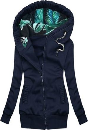 Generic 2026 Vestes pour femmes Automne Hiver Imprim&eacute; floral Veste &agrave; capuche Coupe ajust&eacute;e Poches Fermeture &eacute;clair, bleu marine, 3XL