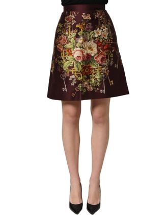 Dolce & Gabbana Womens Burgundy Floral Highwaist A-Line Mini Skirt Silk Wool