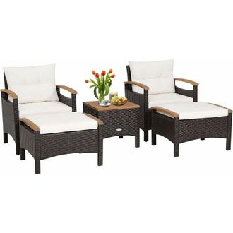 Costway Salon de Jarin 5 Pcs en Polyrotin Anti-UV, 2-4 Personnes avec Coussins, 2 Fauteuils, 2 Tabourets et 1 Table Basses Marron