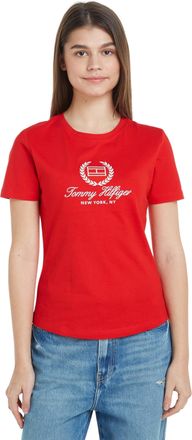 Tommy Hilfiger Damen T-Shirt Kurzarm Slim Flag Tee Rundhalsausschnitt, Rot (Fierce Red), XXS