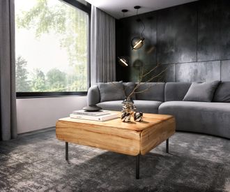 DELIFE Couchtisch Shavani 90x90 cm Akazie Natur 2 Schubladen Metall Schwarz, Couchtische