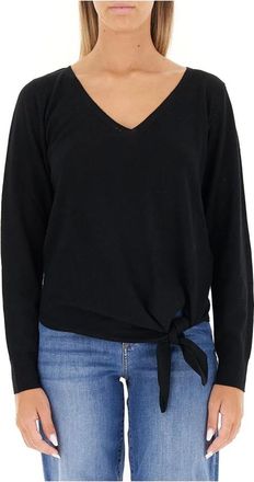 Liu Jo Femme, Pulls, Noir, Taille: 36 FR Pull &agrave; col en V avec ourlet &agrave; nouer