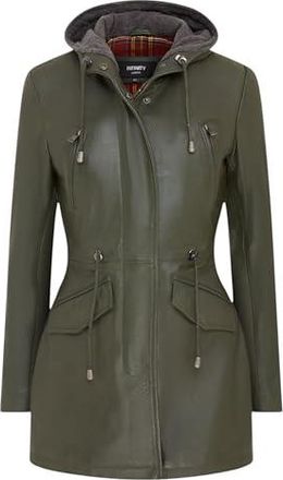 Infinity Leather Parka &agrave; Capuche en Cuir Vert Pour Femme, Trench Coat Multi-Poches