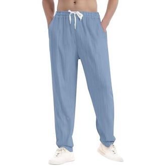 Generic Pantalon de plage l&eacute;ger en lin pour homme avec cordon de serrage - Jambe droite - Coupe ample - Taille &eacute;lastique - Pantalon d&eacute;contract&eacute; - Pantalon de 