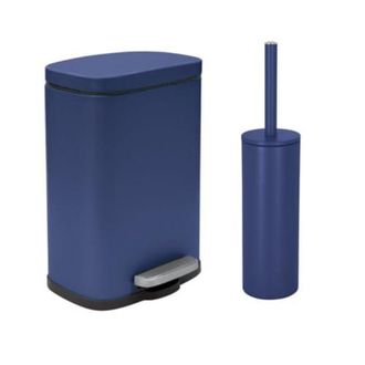Spirella Set Poubelle à Pédale + Brosse WC en Acier AKIRA - Fermeture Douce Easy-Close, Revêtement Anti Trace de Doigts - 21,4 x 17,6 x 30 cm - 5L - Bleu Mat