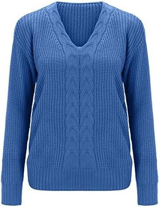 Generic Pull en tricot &agrave; manches longues pour femme - Couleur unie - Col en V - Coupe ajust&eacute;e - Automne et hiver, bleu, XXL
