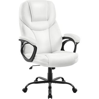 Yaheetech Chaise de Bureau en Similicuir avec Dossier Haut Ergonomique Support Lombaire Hauteur Réglable Base en Métal Résistant Blanc
