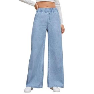 Generic Jean pour femme - Taille élastique - Taille moyenne - Pantalon Palazzo à enfiler avec poches - Coupe décontractée - Couleur unie, bleu clair, XXL