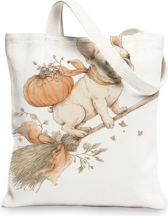 Generic Sac fourre-tout en toile avec motif animal mignon, motif chien fantaisie et citrouille, sacs de courses réutilisables, légers et lavables respectueux 