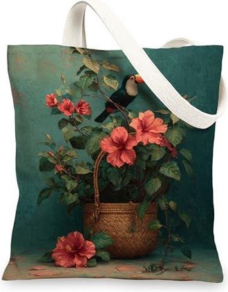 Generic Sac fourre-tout en toile à motif floral tropical, sacs à provisions réutilisables, sacs à main légers verts à bandoulière 33 x 38 cm
