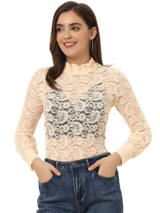 Allegra K Damen Dirndlblusen Langarm Durchsichtig Spitze Oberteil Mesh Lace Hochgeschlossene Top Bluse Aprikose M