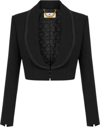 Elisabetta Franchi Blazer court &agrave; revers en satin - Femme - Vestes - Noir - Taille: 42 FR