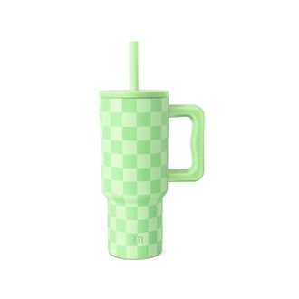 Simple Modern Thermobecher mit Silikonstrohhalm und Griff | Isolierter Edelstahl-Trinkbecher Eiskaffee-Reisebecher | Trek | 710ml | Lime Checkmate