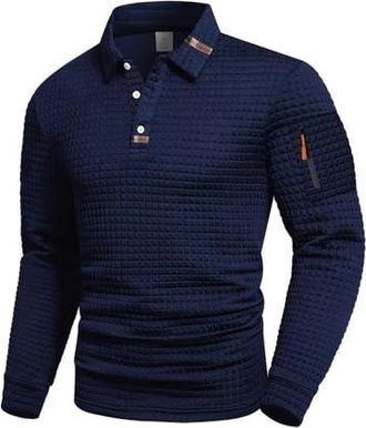 Generico Pull gaufré avec col et boutons - Sweat à capuche - Pull à manches longues Jacquard avec imprimé à carreaux - Sweats dhiver pour homme, bleu marine, M