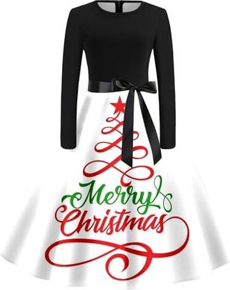 Generic A Line Robe de No&euml;l &agrave; manches longues avec fermeture &eacute;clair &agrave; la taille et col rond pour femme, blanc, XXL