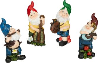 Relaxdays Gartenzwerge 4er Set, Musiker, wetterfest, Miniatur Figuren, frostsicher, Deko Wichtel, au&szlig;en, Polyresin, bunt