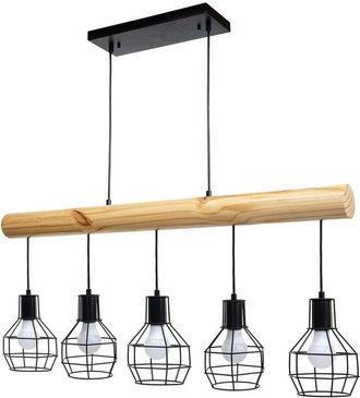 Hhg Neuwertig] Pendelleuchte HHG 207, H&auml;ngelampe H&auml;ngeleuchte, Industrial Vintage Massiv-Holz Metall schwarz 5 Gitterlampenschirme