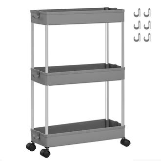 Songmics Rollwagen, K&uuml;chenwagen, K&uuml;chenregal, Nischenregal, mit 6 Haken, 360&deg; drehbare R&auml;der, Stahlgestell, Bad, K&uuml;che, B&uuml;ro, 3 Ebenen, grau KSC007G01