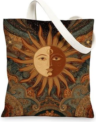 Generic Sac fourre-tout en toile motif soleil, sacs dépicerie vintage réutilisables, sacs à bandoulière légers et respectueux de lenvironnement, 33 x 38 cm