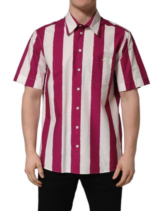 Dolce & Gabbana White Maroon Striped Men Short Sleeves Shirt Cotton