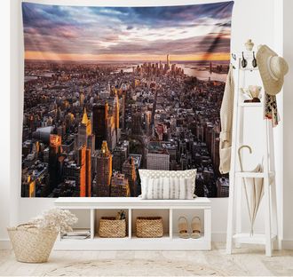 Abakuhaus USA Wandteppich, Manhattan Skyline Sonnenuntergang, aus Weiches Mikrofaser Stoff Für das Wohn und Schlafzimmer, 150 x 110 cm, Blau Rot Braun