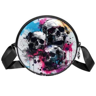 Generic Petit sac &agrave; bandouli&egrave;re rond pour femme, motif t&ecirc;te de mort, avec fermeture &eacute;clair, bretelles r&eacute;glables, style d&eacute;contract&eacute;, pour femmes et filles