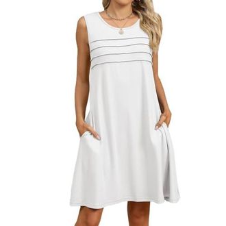 Generic Robe d&eacute;t&eacute; sans manches &agrave; imprim&eacute; floral pour femme, coupe ample, robe d&eacute;contract&eacute;e pour la plage et les vacances avec poches, blanc, XXL
