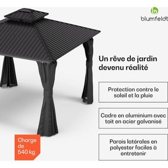 Blumfeldt ShadeFortress Hardtop Gazebo 3x3 m, salon de jardin ext&eacute;rieur avec structure en aluminium, double toit, rideaux et moustiquaire, tonnelle de jardin