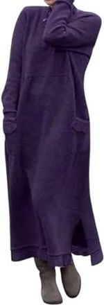 Generic Robe longue en tricot polaire &agrave; manches longues avec poches, coupe ample, robe dhiver pour femme, violet, 4XL