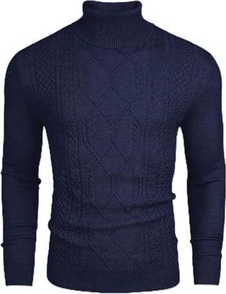 Coofandy Pull Homme Tricot Col Roul&eacute; Slim Fit Motif Torsad&eacute; &Eacute;pais Hiver Business Manches Longues Bleu Marine XXL