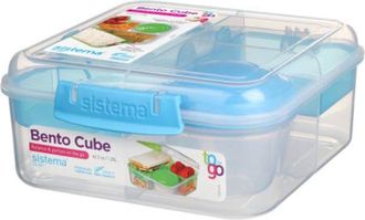 Sistema 5-Fach unterteilte XL Lunchbox BENTO Cube - 1250 ml Vesperdose inklusive Becher mit Schraubverschluss 17,5 x 17,5 x 8 cm (B x T x H) 21685 Blau