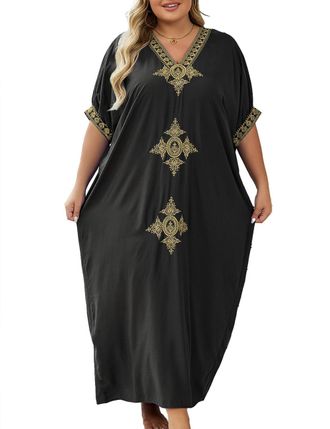 Bsubseach Plus Gr&ouml;&szlig;e Gold Stickerei Kaftan V Ausschnitt Strand Cover Up Kaftan Maxikleid Schwarz