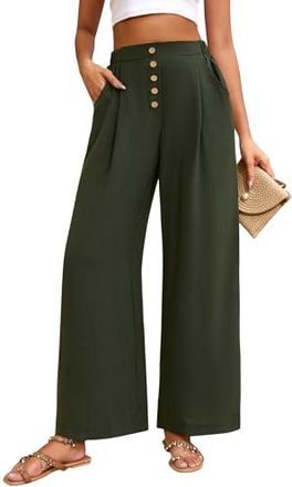 Heekpek Pantalon Large pour Femmes Pantalon Fluide Pantalon de Détente Léger pour Femmes Pantalon dété Palazzo à Taille Haute avec Boutons Pantalon Causal à T