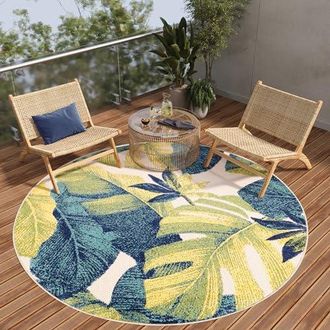 Tapiso Patio Rond Tapis Ext&eacute;rieur Int&eacute;rieur Terrasse Balcon Jardin dhiver Cuisine Salon Moderne Vert Bleu Jaune Feuilles Aspect 3D R&eacute;sistant aux Intemp&eacute;ries 