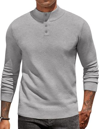 Coofandy Pullover Herren Henley Pullover Stehkragen Strickpullover Langarm Henley Shirt M&auml;nner Sweater mit Knopfleiste Hellgrau XXL