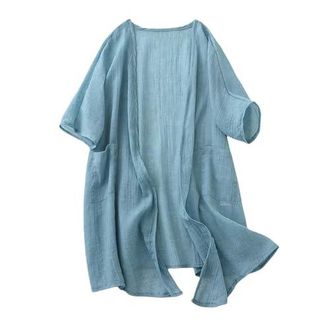 Generic Cardigan en coton et lin pour femme, coupe ample, manches courtes, d&eacute;contract&eacute;, l&eacute;ger, doux et respirant, chemisiers de plage avec poches, bleu, XXL