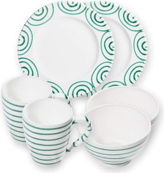 Gmundner Keramik Hüttenfrühstück Gourmet für 2 Geschirrset 6-teilig Grüngeflammt Geschirr, handgemacht in Österreich