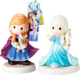 Disney Precious Moments Die Eiskönigin Figuren - 2 Stück Set mit 14,6 cm Porzellan-Biskuitfiguren mit Elsa, Anna, Olaf, Sven Plus Lesezeichen Frozen Dekorati