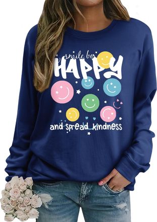 Dresswel Damen Sweatshirt Smile Brief Drucken Pullover Lustiges L&auml;chelndes Rundhals Langarmshirt Baumwolle Pulli Herbst Winter Casual Oberteile Langarm Tops