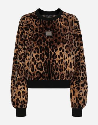 Dolce & Gabbana Round-neck Chenille Sweatshirt With Jacquard Leopard Design - Frau T-shirts Und Sweatshirts Mehrfarbig Baumwolle Xxs