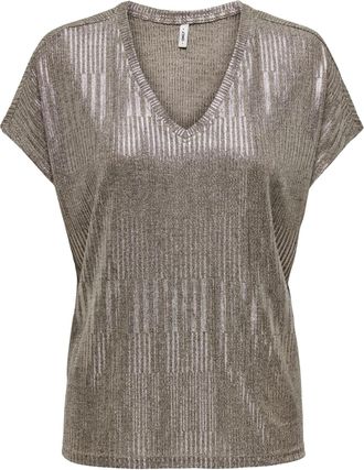 Only Damen Onlmirinda S/S V-Neck JRS Top, Humus/Detail:Melange + Silver metallic, M